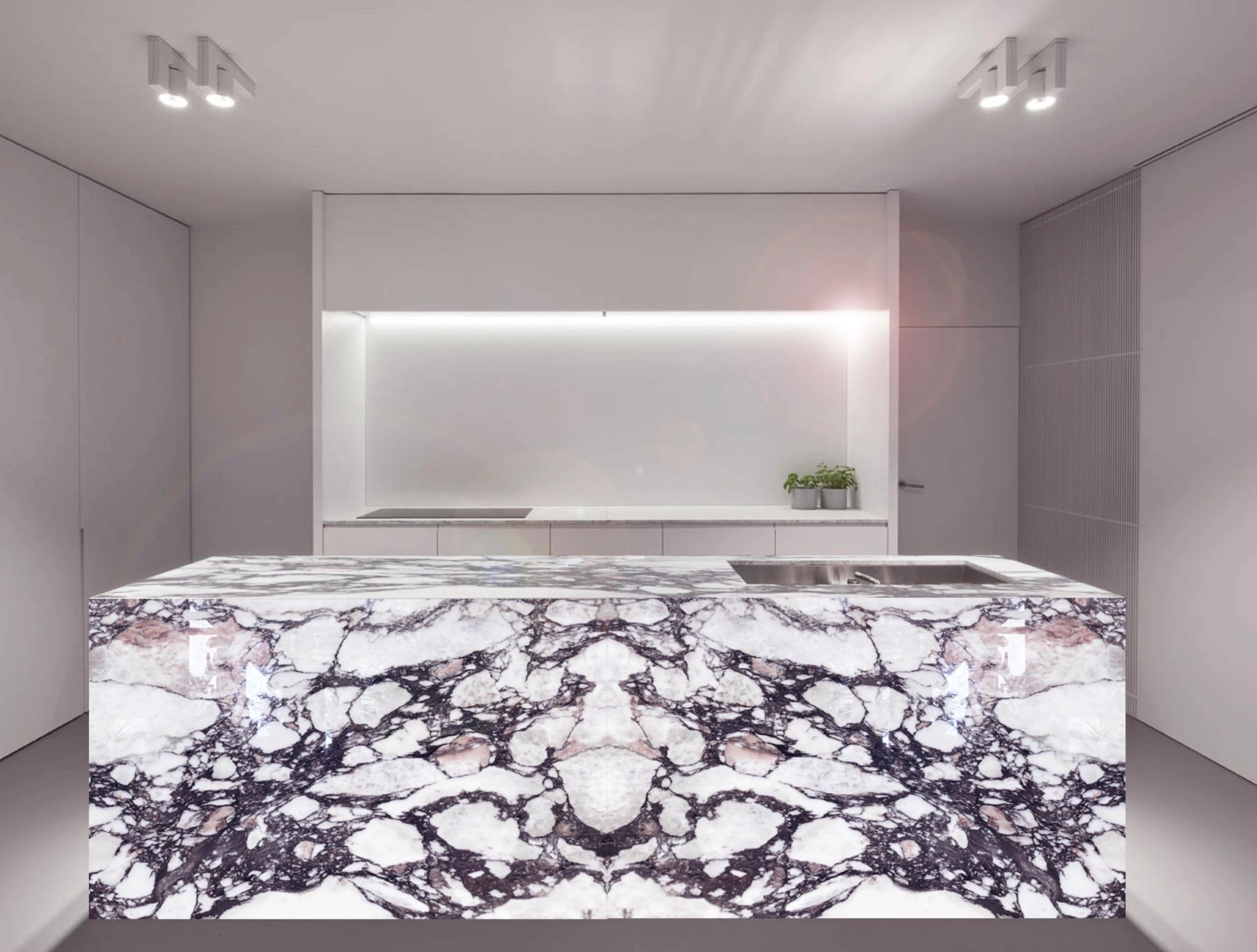 Viola Marble Bookmatch Slab Kitchen Island Waterfall