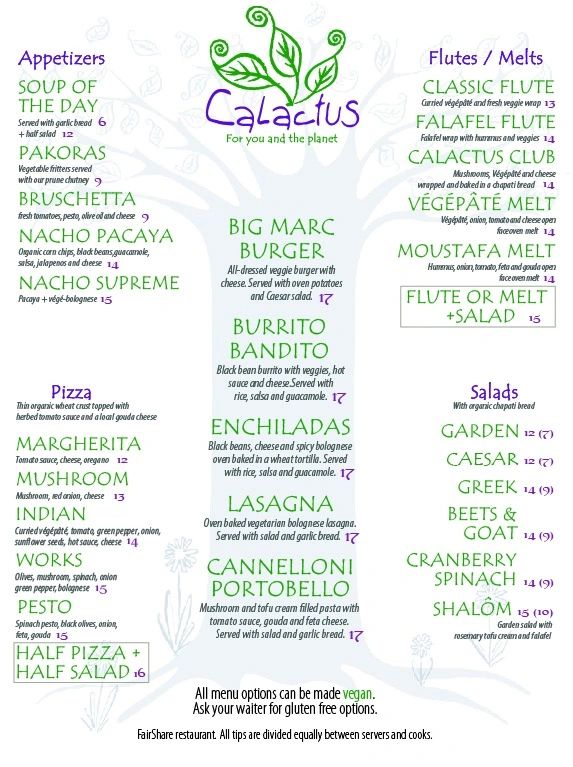 Le menu du Calactus