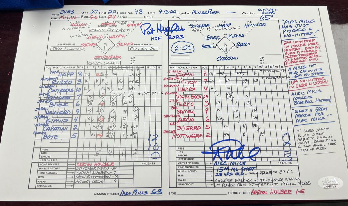 Pat Hughes/Alec Mills signed No Hitter Replica Scorecard JSA authenticated