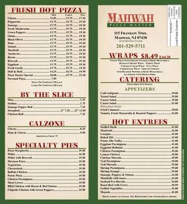 Mahwah Pizza Master - Pizza, Menu