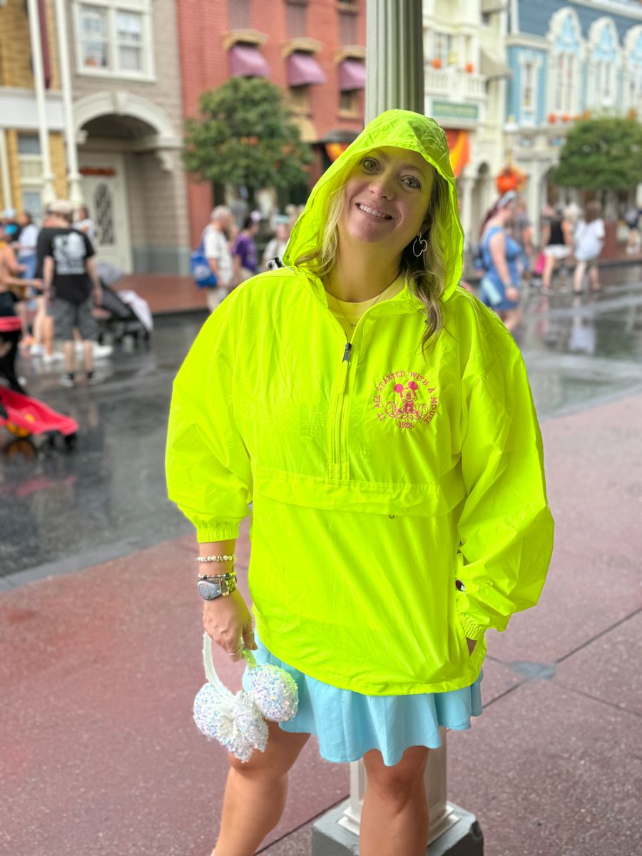 Packable neon rain jacket