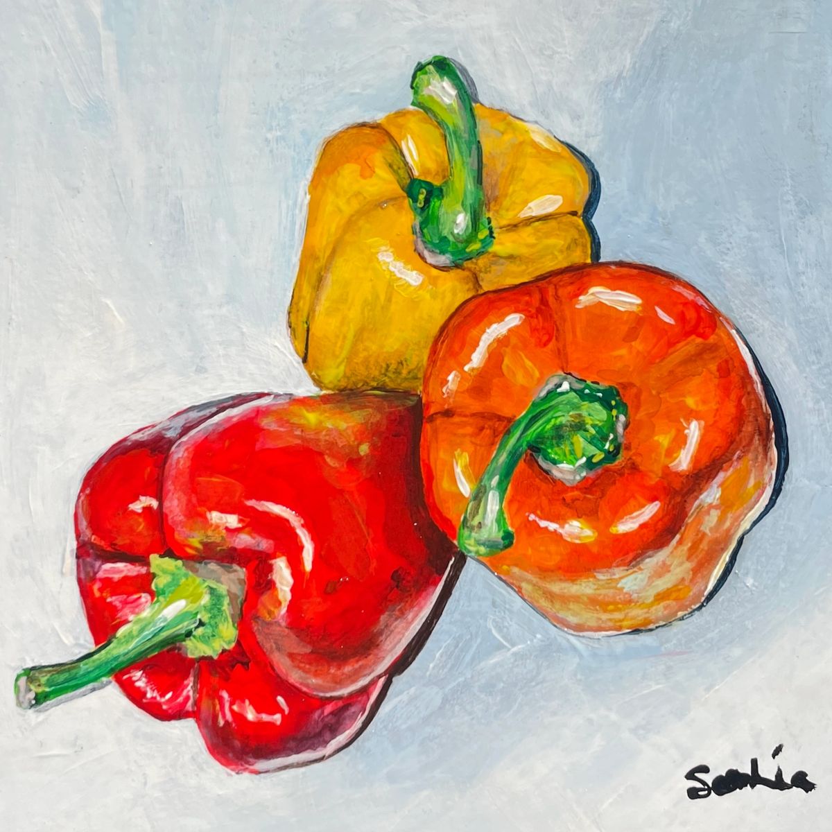 3 Peppers in Acrylic on Card by Cornish Artist Saskia
