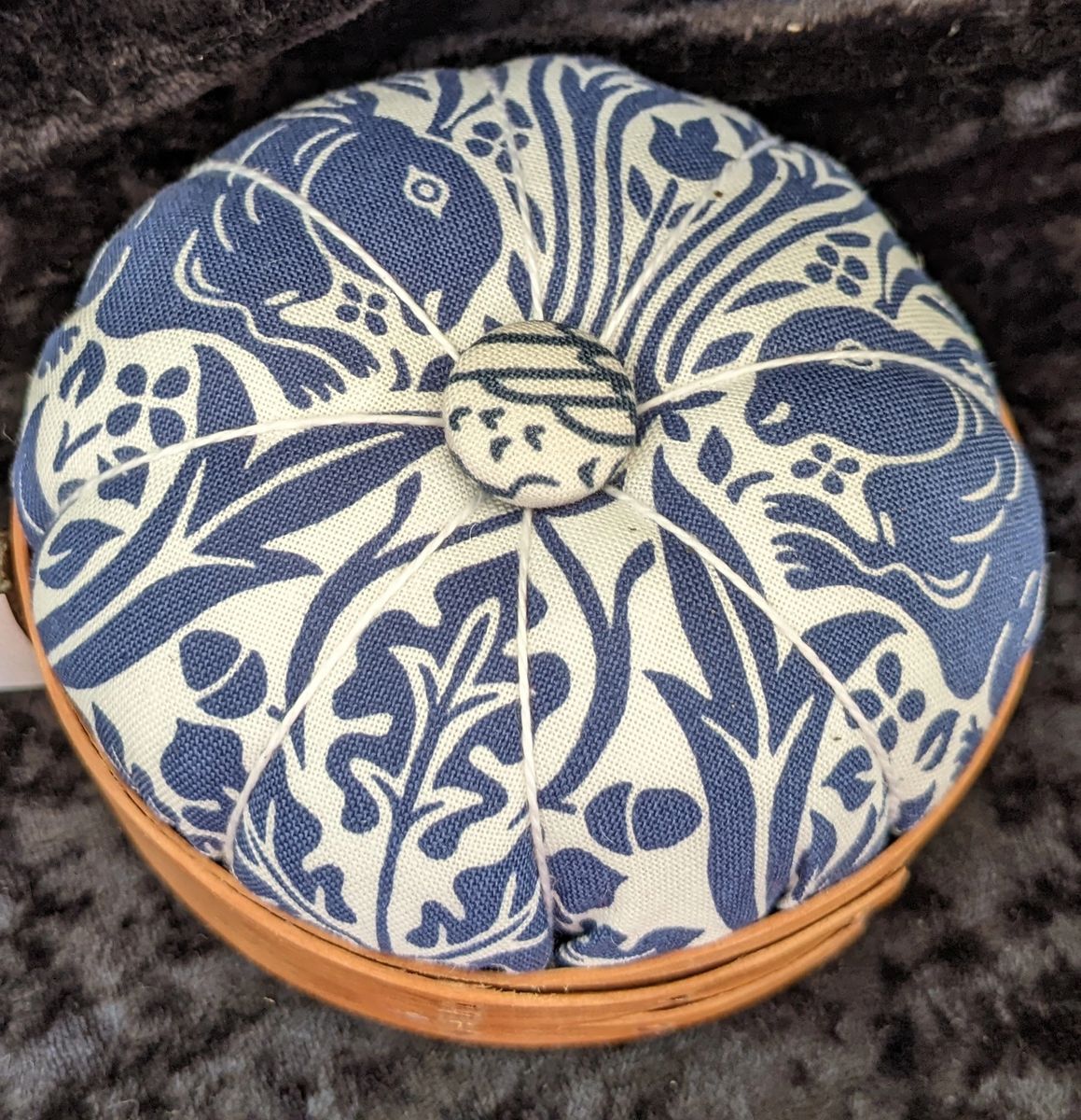William Morris Brer Rabbit in Blue pincushion in a Shaker base