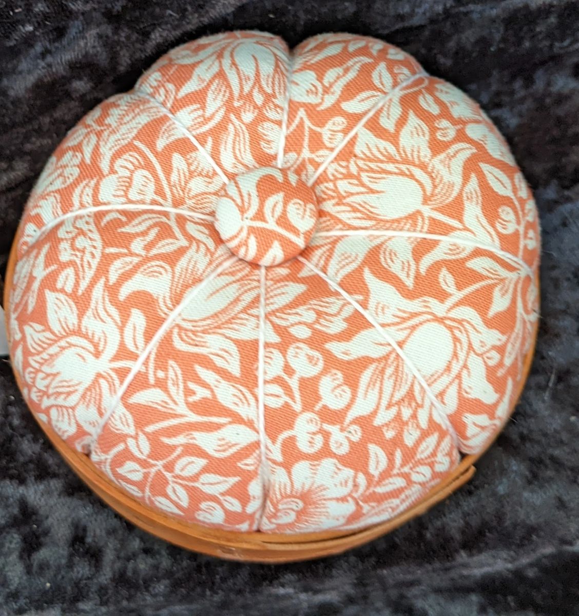 William Morris Mallow Coral pincushion in a Shaker base