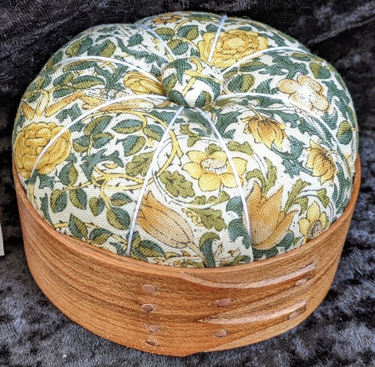 William Morris Weld/Leaf Green pincushion in a Shaker base
