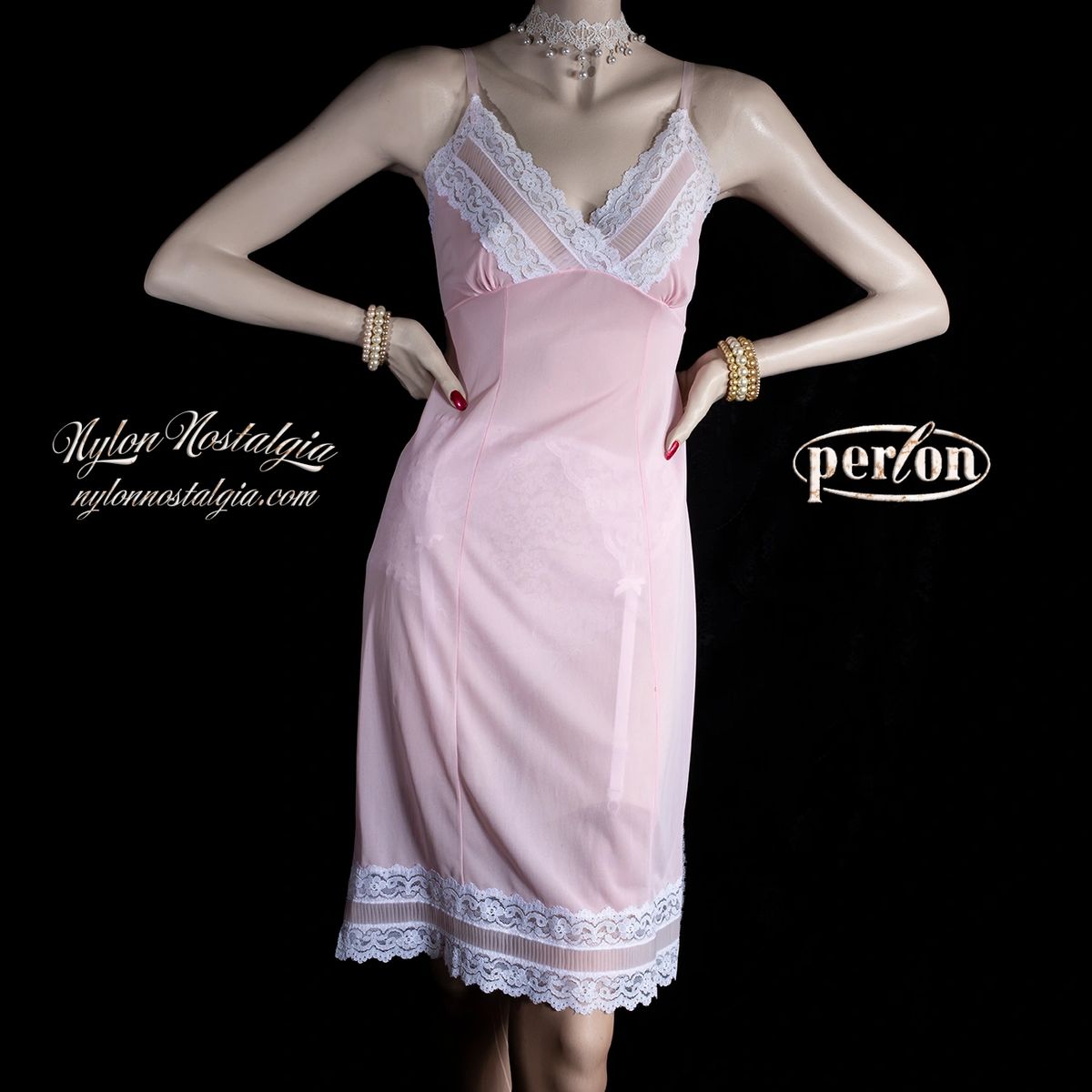 Desirable 1960's vintage sheer silky soft rose pink Perlon with white net lace and pleated nylon ...