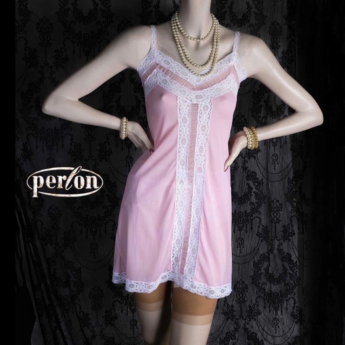 Delightful 1960's vintage pretty rose pink Perlon with delicate white ...