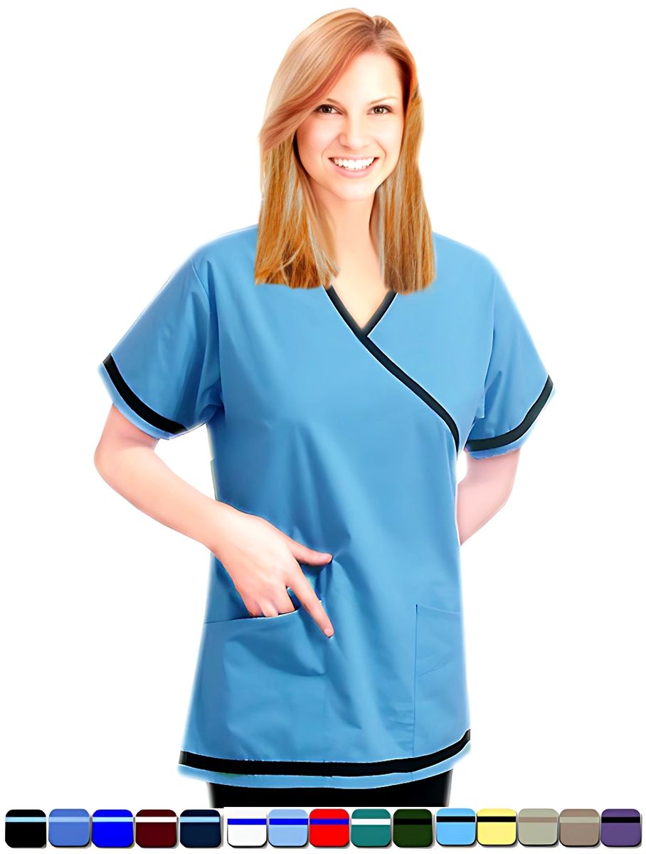 Scrub Tops: Women's Crossover Contrast Border Piping Scrubs