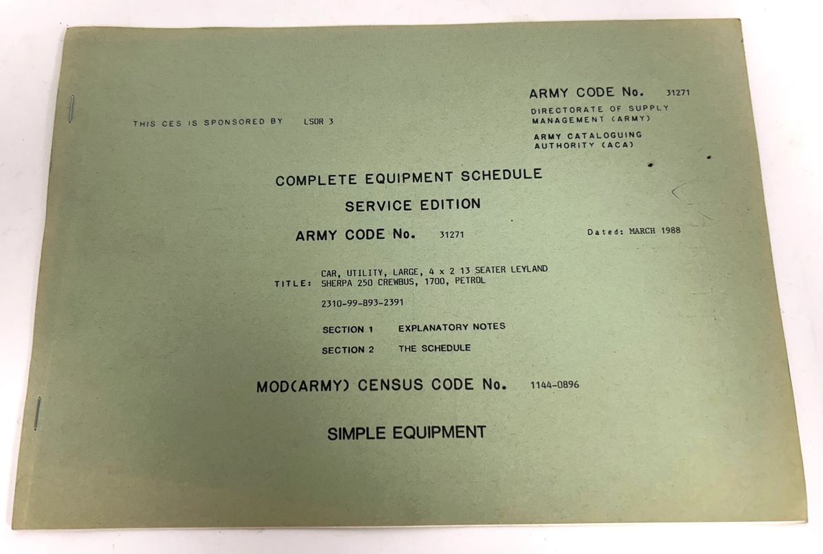 British Military Issue Complete Equipment Schedule Army Code No.31271