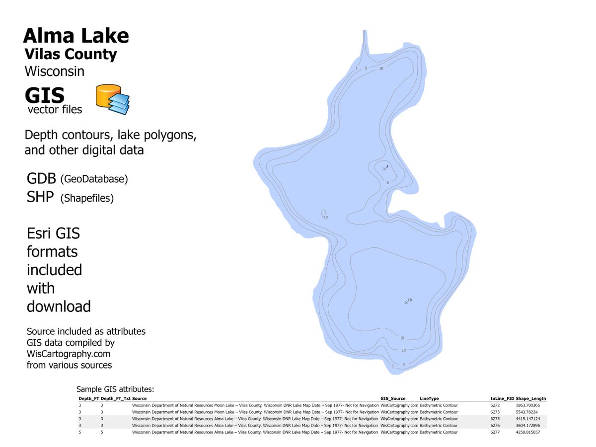 GIS data for Alma Lake in Vilas County Wisconsin. Download includes ...