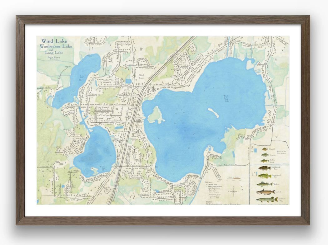 Map of Wind Lake, Waubeesee Lake & Long Lake in Wisconsin