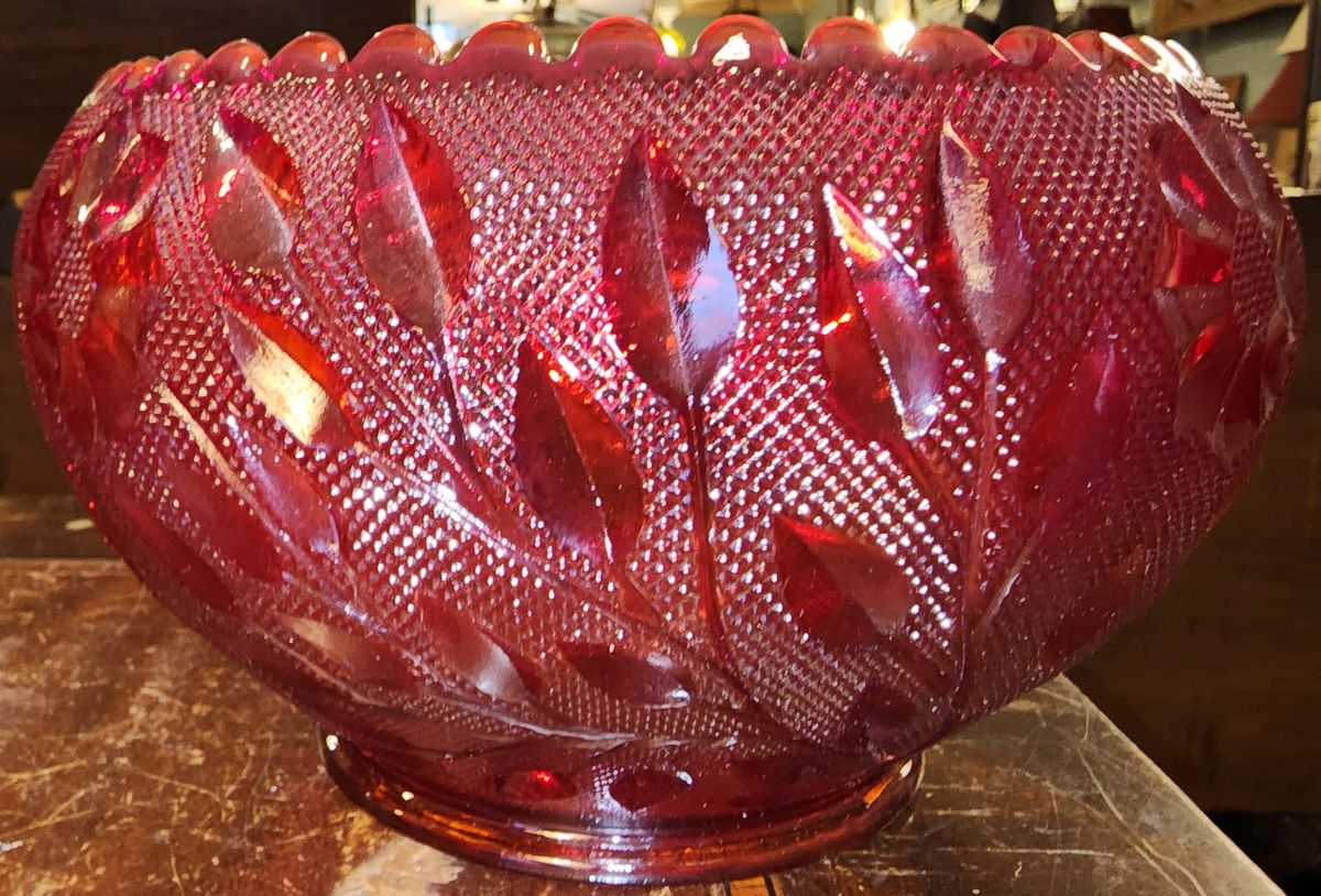 Large Ruby Red Glass Bowl with Leaves and Sun
