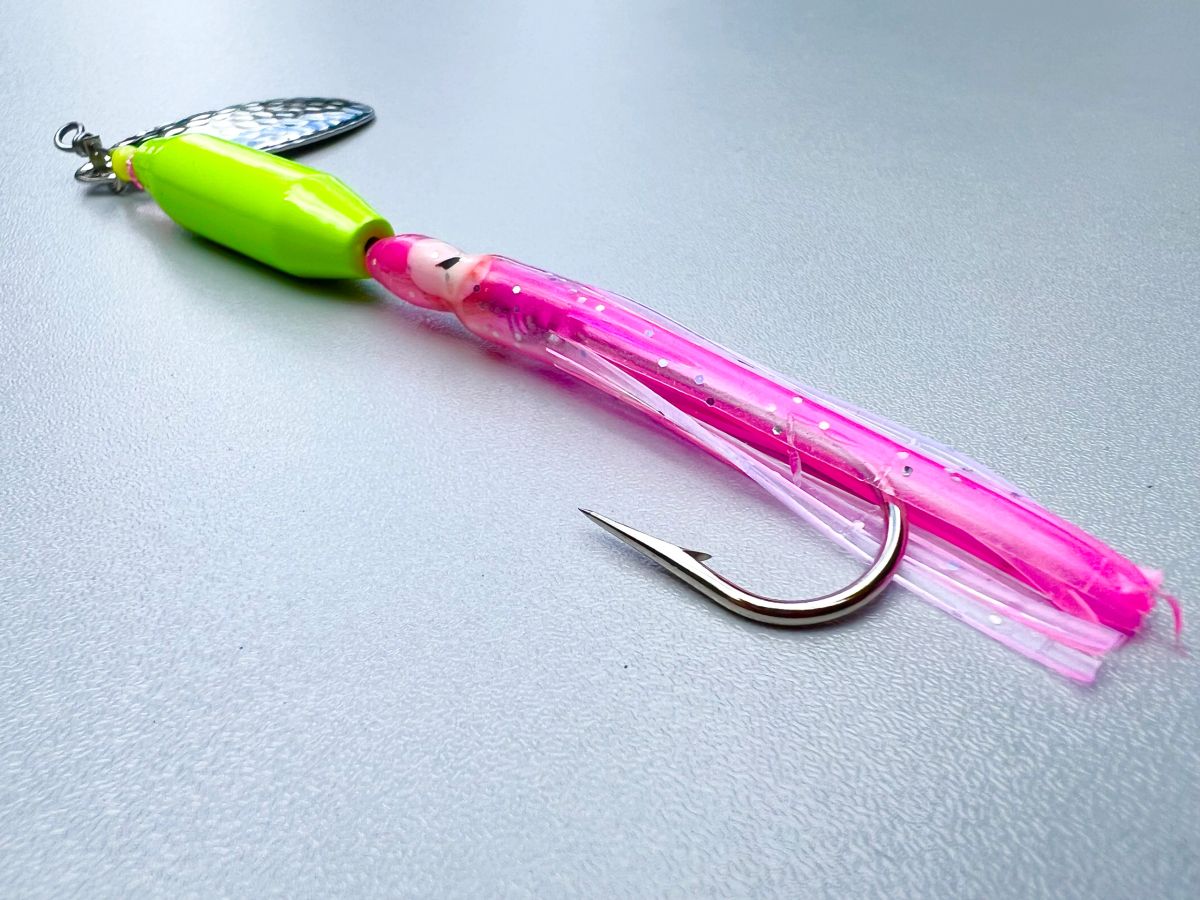 3/4oz "Pink Lemonade Glow" Torpedo Squid Spinner, Steelhead & Salmon Lure