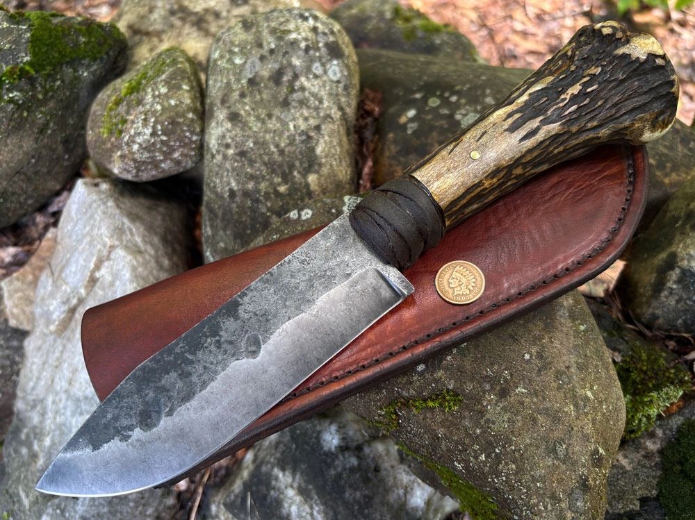 Mountain Bowie - Leather Hafted - Crown Elk Stag - Antiqued Leather ...