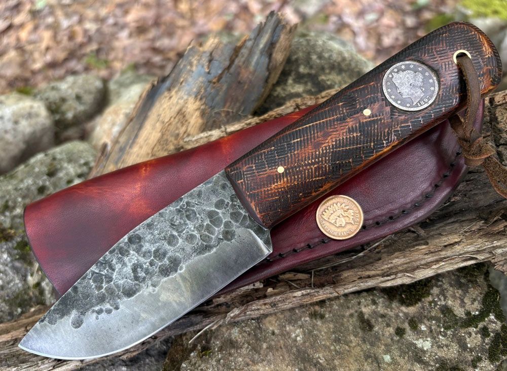 Order - 1897 Liberty - Hunting & Trail Knife - Textured Curly Maple - Antiqued Leather