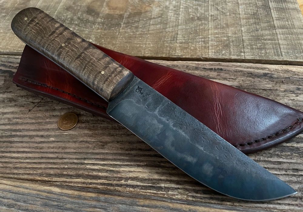 Dark aged Tiger Maple Butcher - Woods & Camp Knife - Antiqued Sheath ...