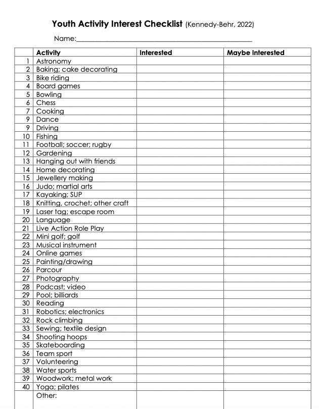 Youth Activity Interest Cards Checklist and Instructions