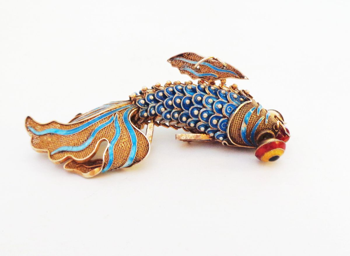 Chinese Gilt Silver Articulated Koi Blue Enamel Fish with Broad Tail