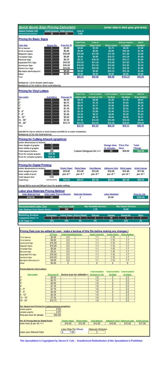 Quick Quote - Sign Business Pricing Spreadsheet