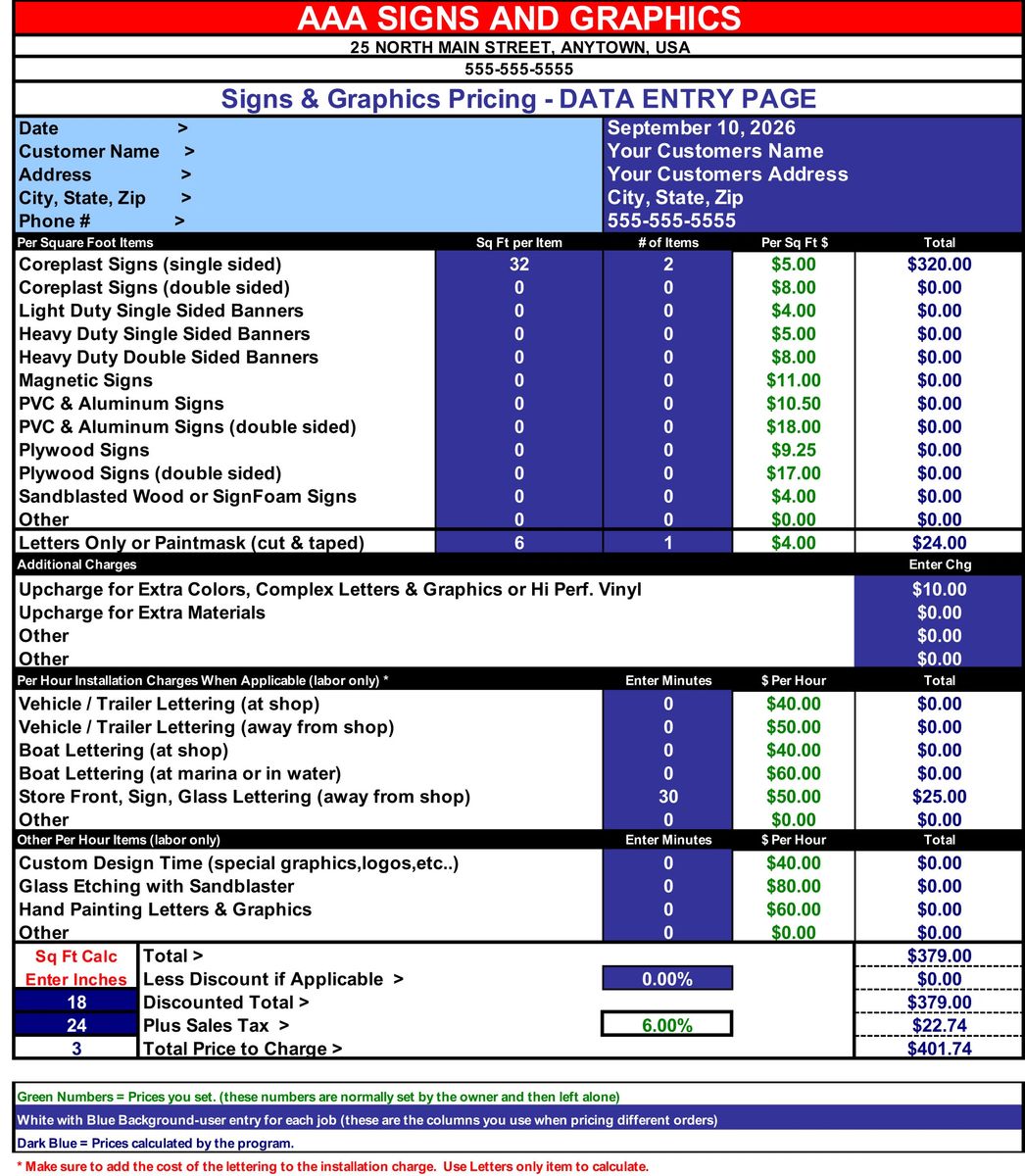 Sign Calc - Sign Pricing Business Spreadsheet