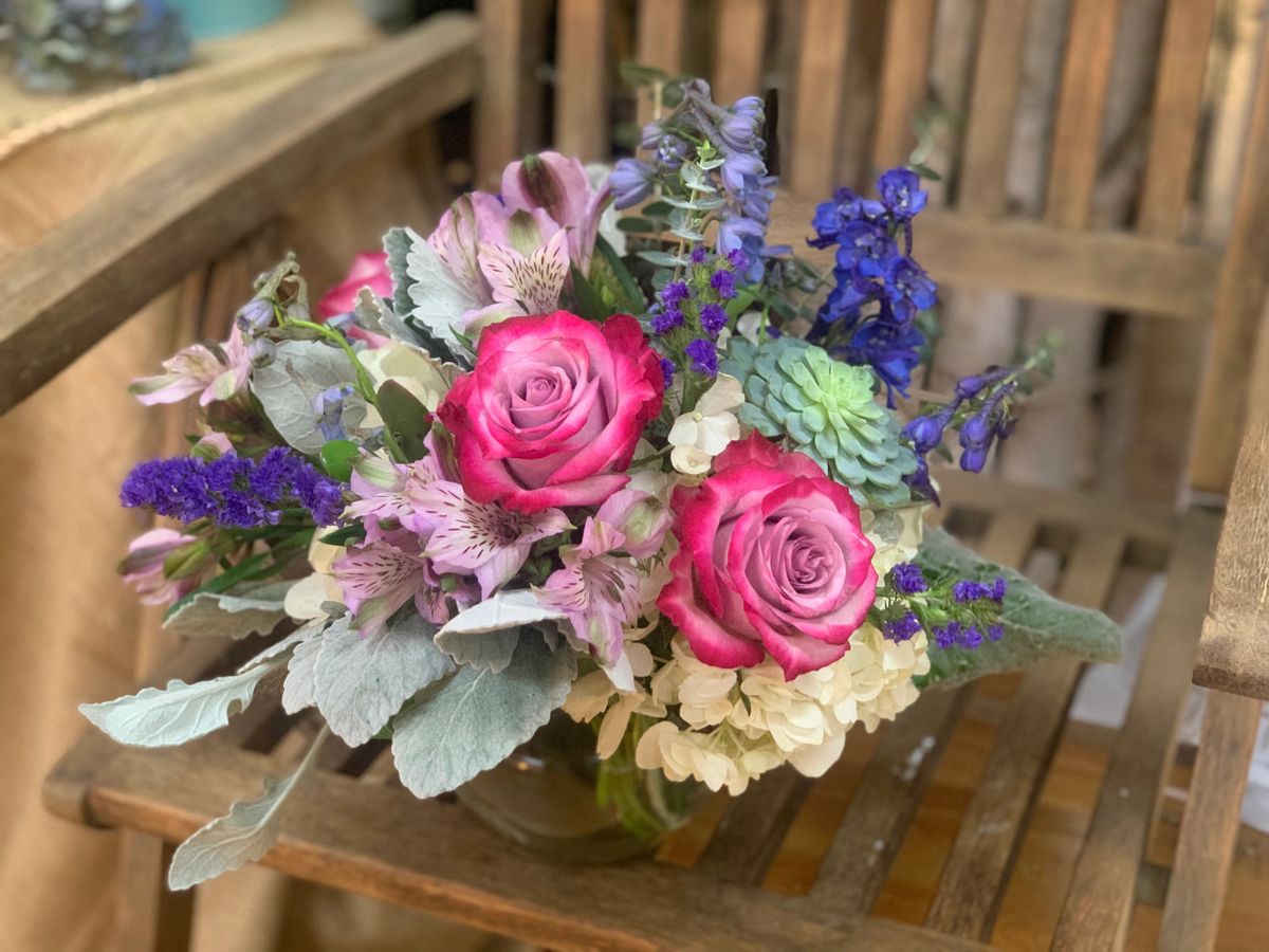 Avery - A soft elegant arrangement with Roses, Hydrangea and re ...