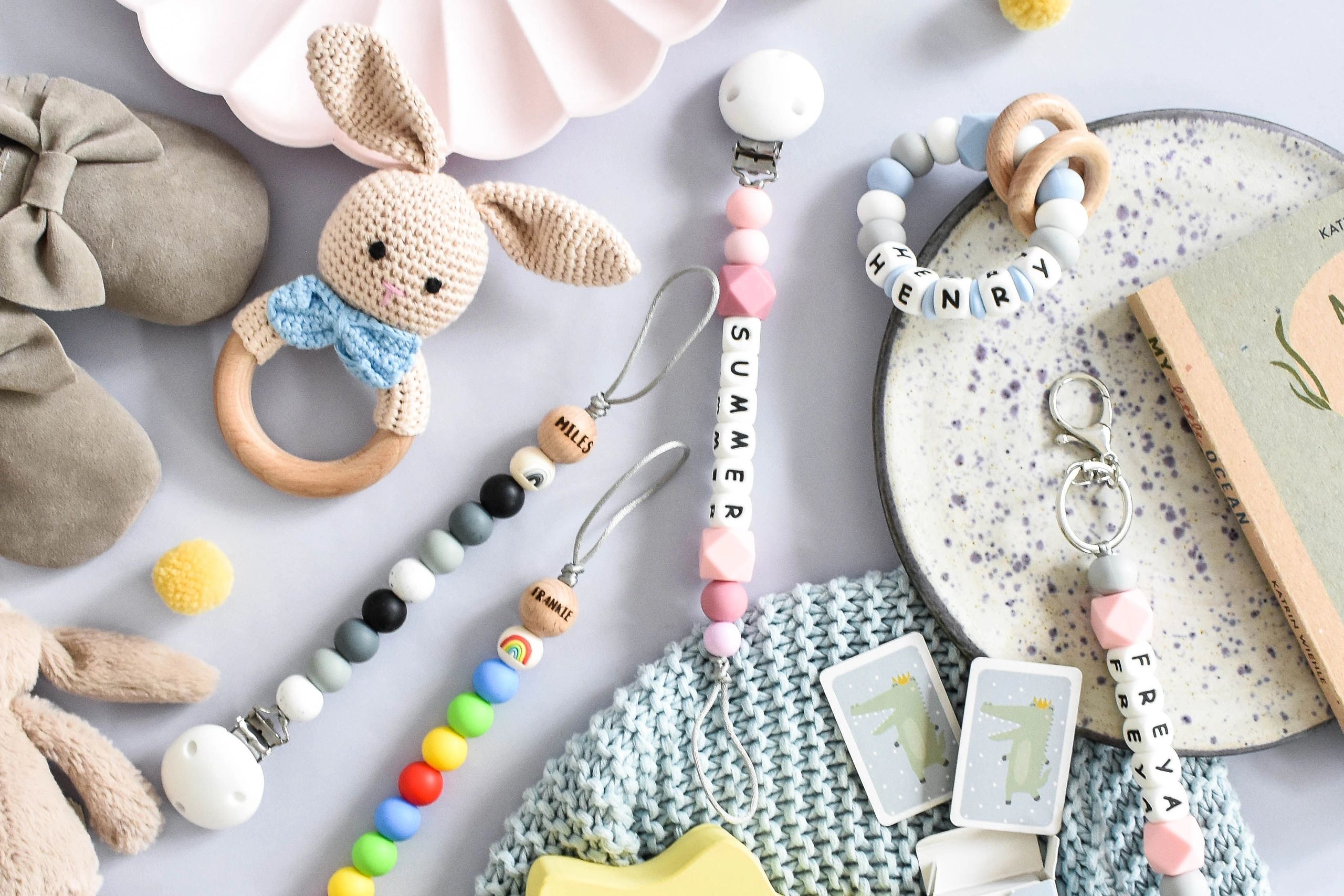 Handmade dummy clips - Personalised Dummy Clips, personalised Teething toys