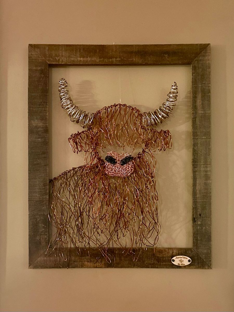 Natural wood frame holding an intricate multi-colored wire suspended ...