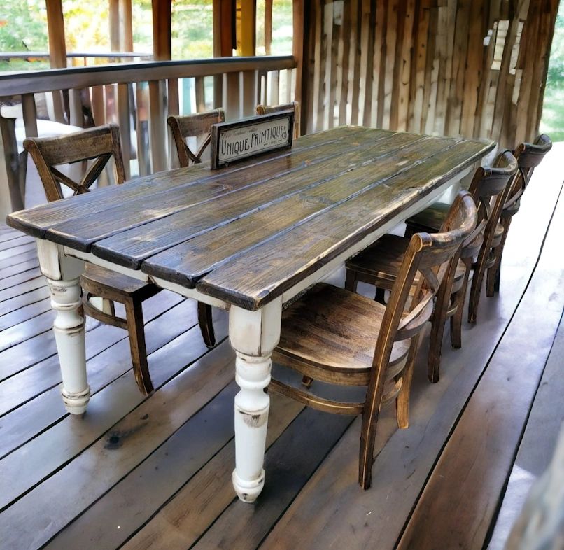 Rustic French Country Farmhouse 7-Piece Dining Table Set