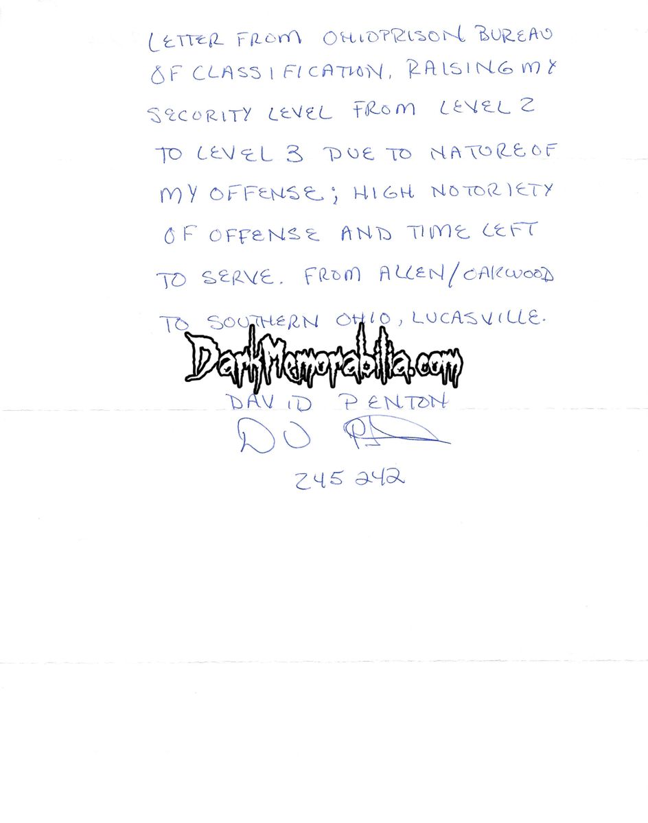 David Penton signed (on the back) prison letter printout with ...