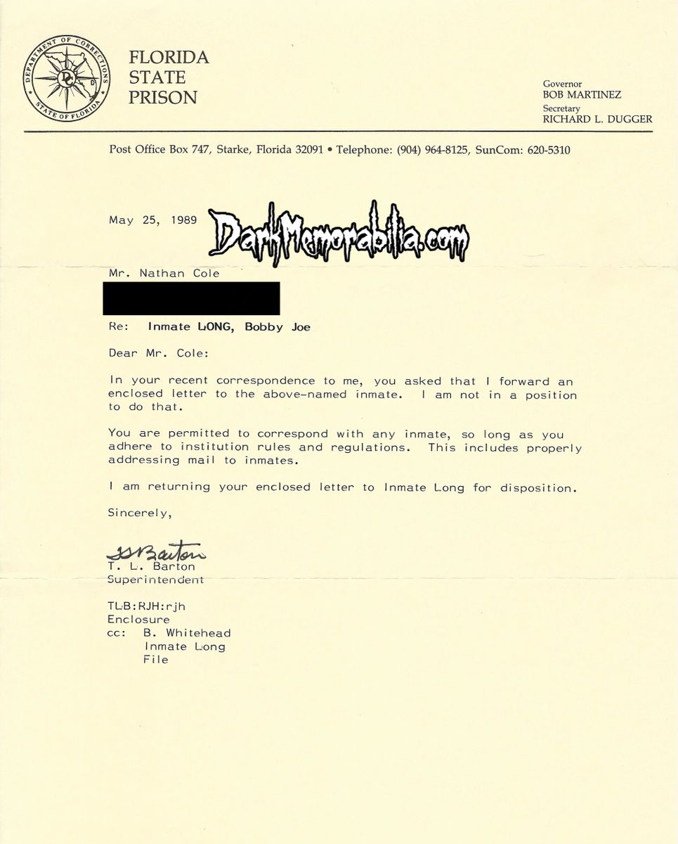 Bobby Joe Long letter from Cole (Original)