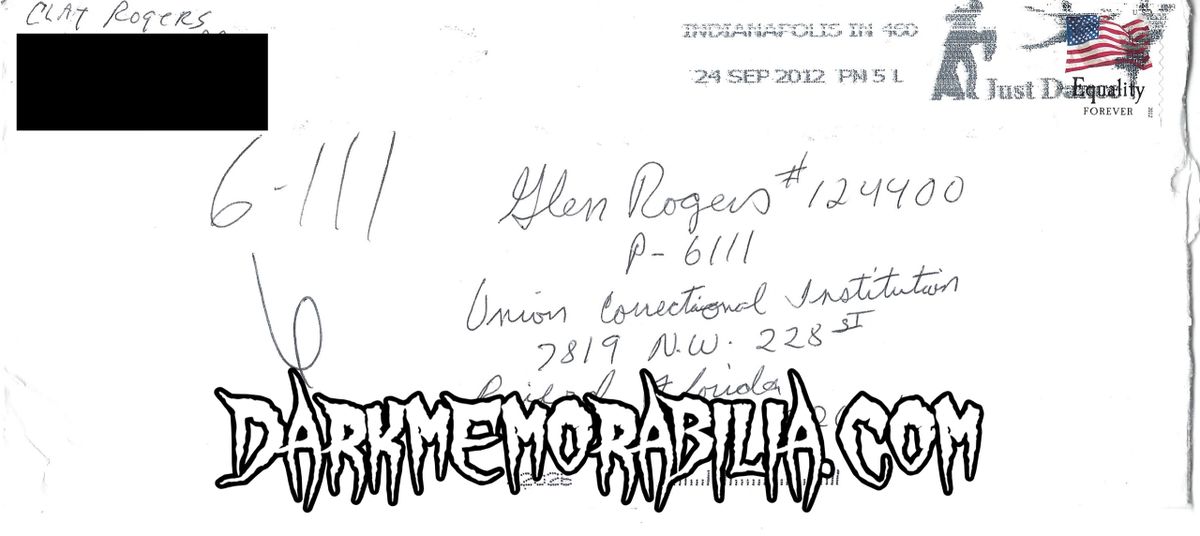 Clay Rogers mailing sent to brother Glen Rogers on death row, signed ...