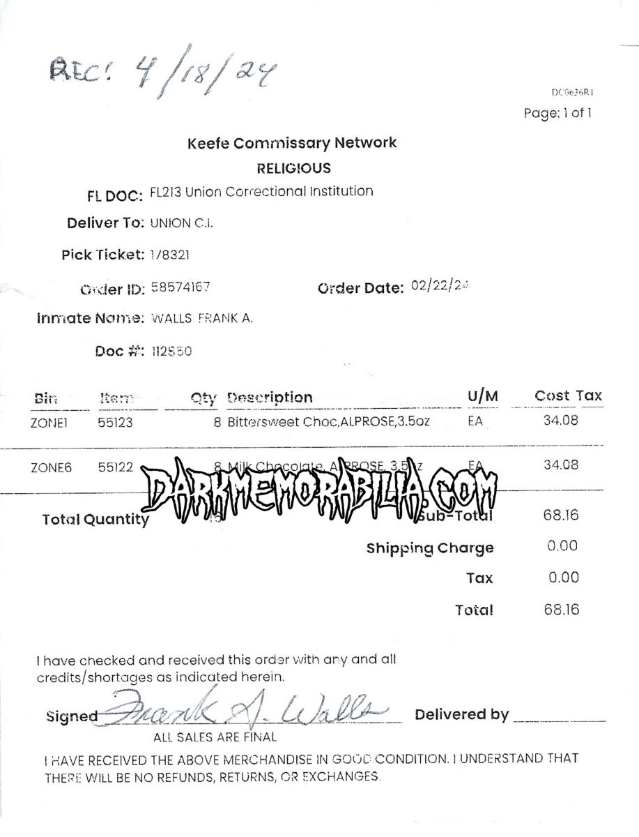 Frank Walls signed religious receipt (Original)