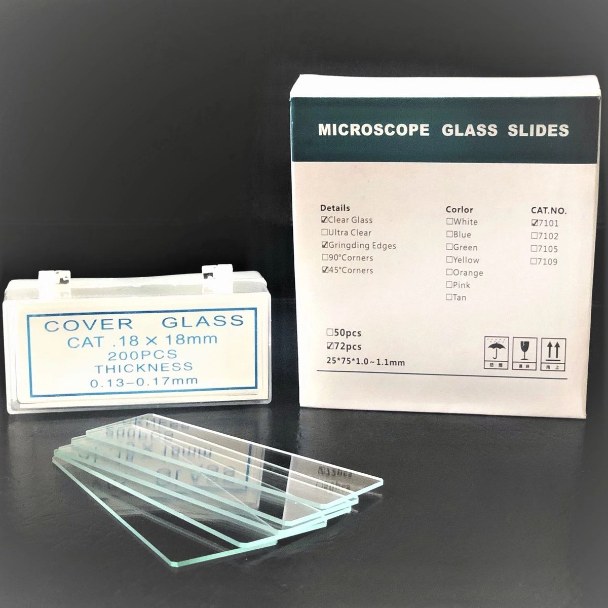 72pc blank microscope slides with ground edges.