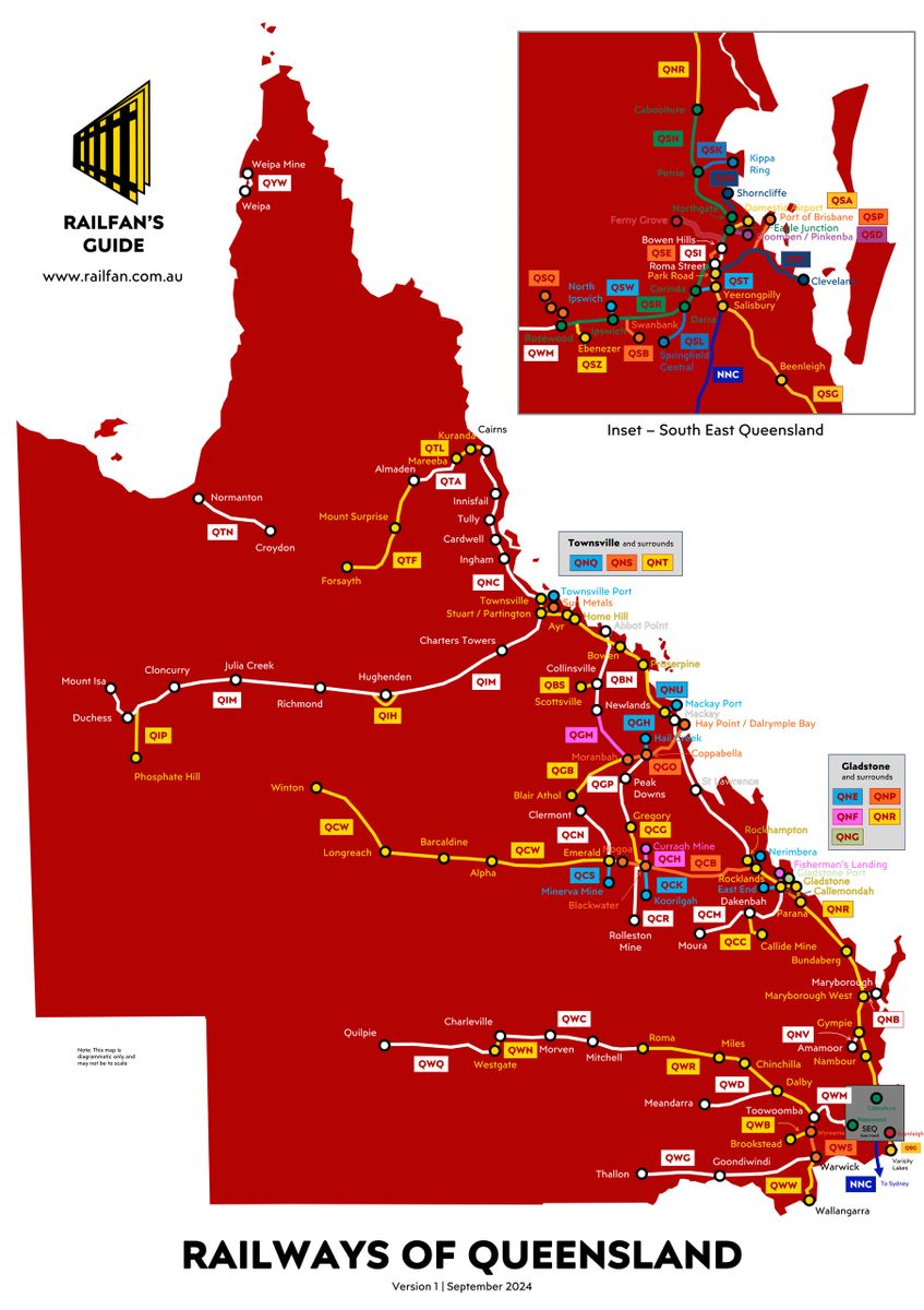 A3 Size - Railways of Queensland Map - Colour Print, Laminated