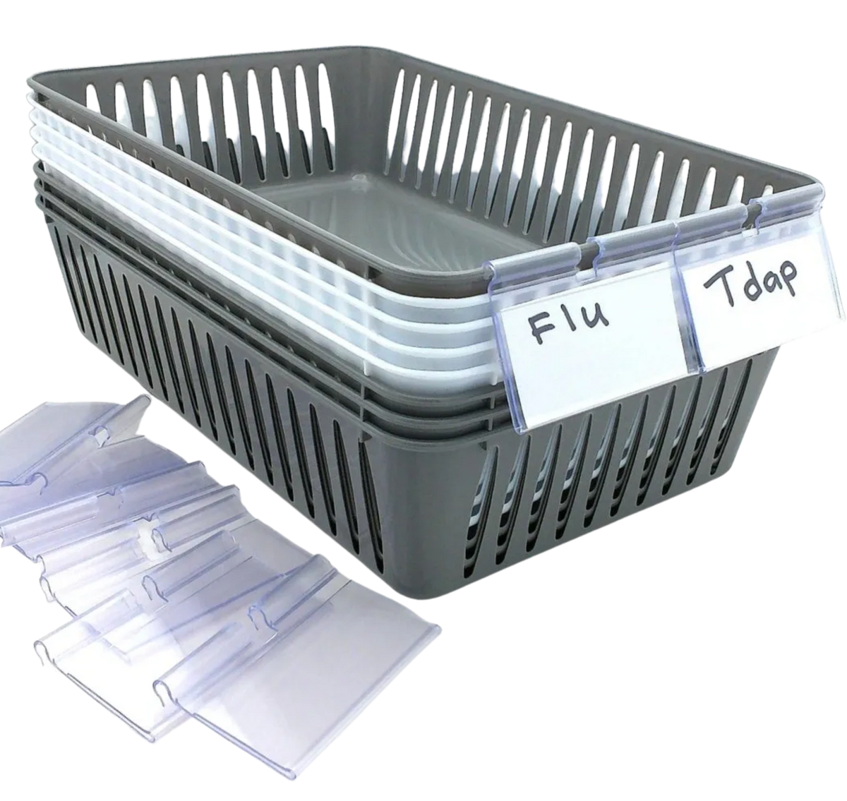 8 Storage Baskets 9.5x5.5" & 12 Label Holders (Grey & White)