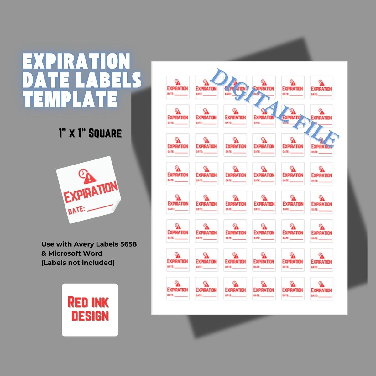 DIY, 1x1" Expiration Date Labels, Printable Digital File, Red Bright ...