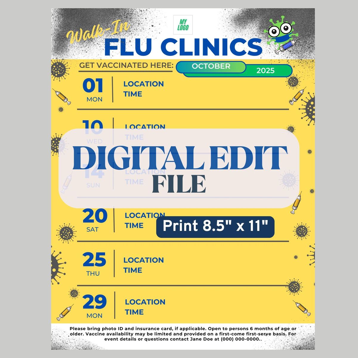 Flu Clinics Schedule Template, Yellow, Digital Edit, Printable 8.5"x11"
