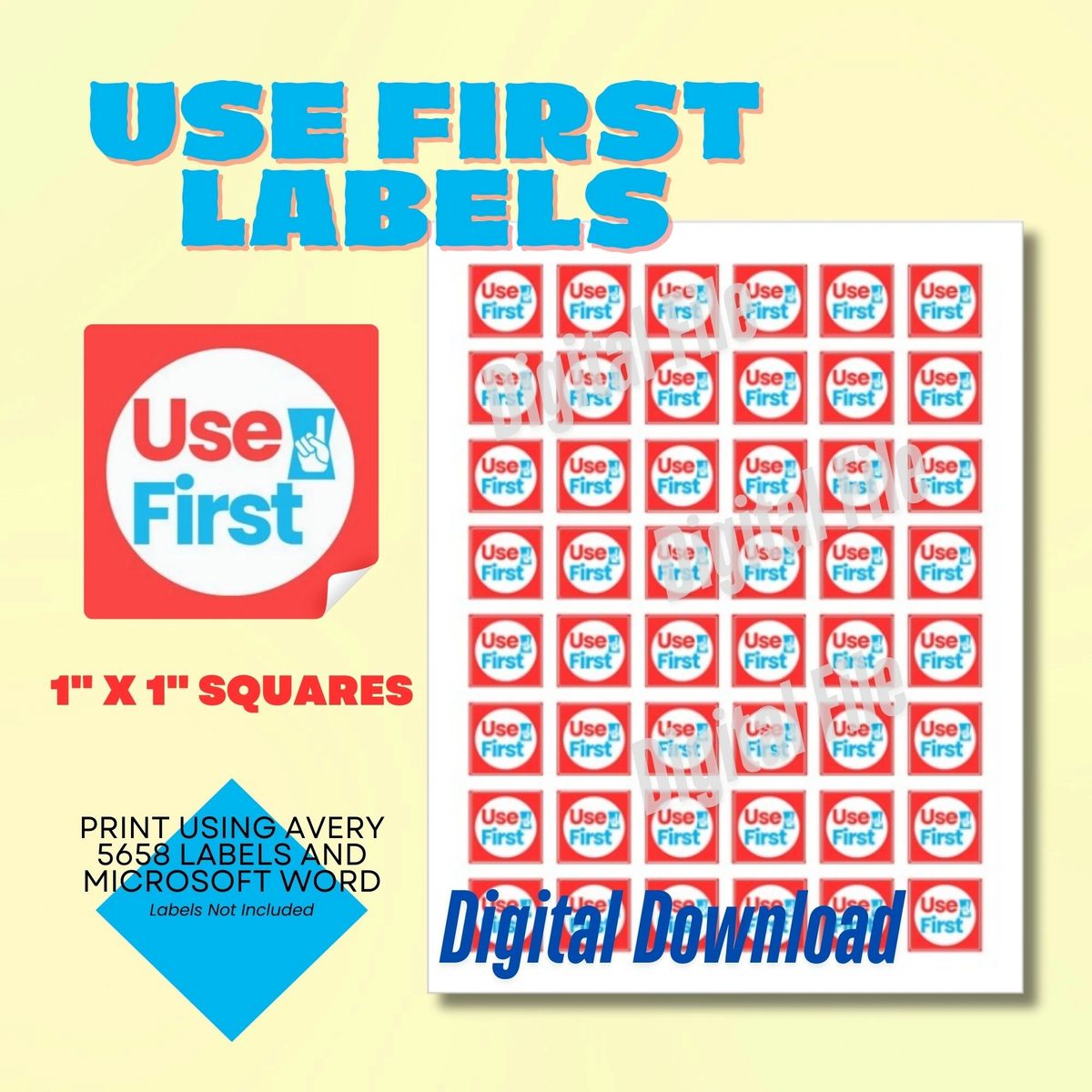 1x1" Use First Labels, Printable Digital File, Red & Blue Design Template