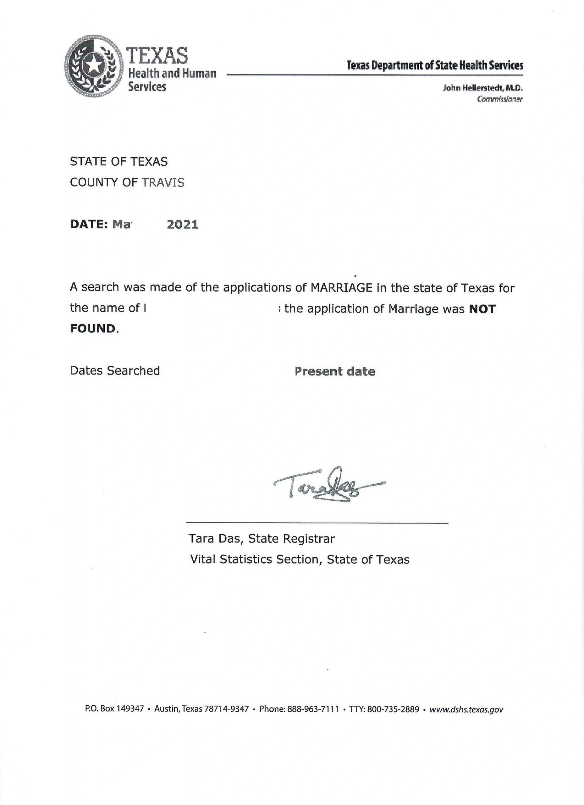 Texas Single Status Apostille