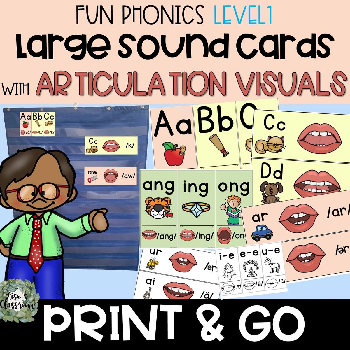 FUN Phonics Printables | LEVEL 1 | LARGE Cards with Articulation Mouth ...