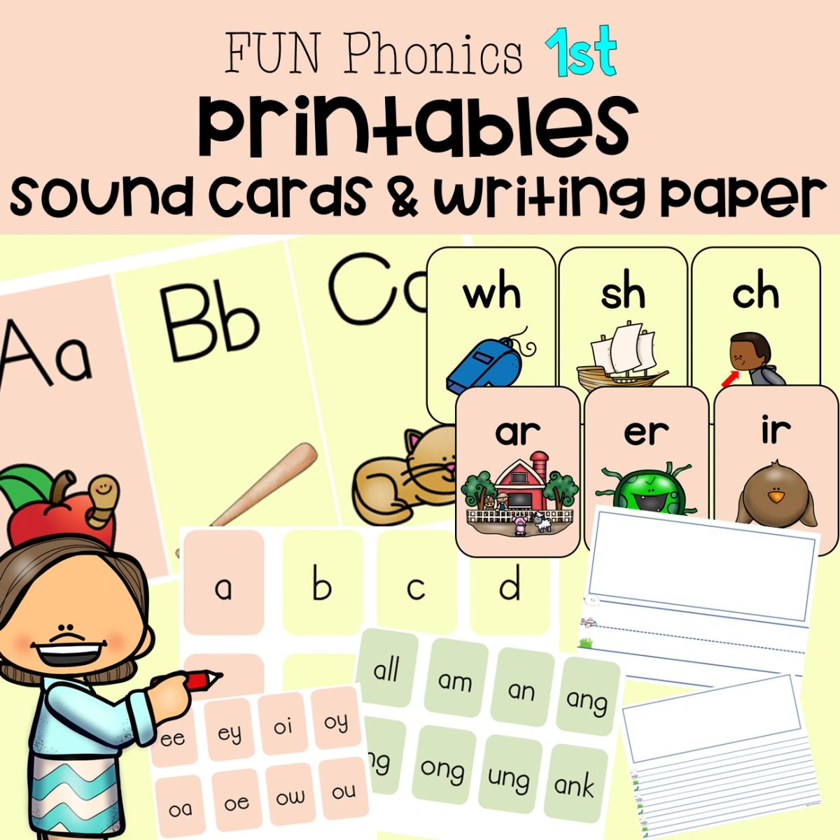 FUN Phonics Printables CARDS 1st Level 1 LARGE & SMALL Cards, Writing paper
