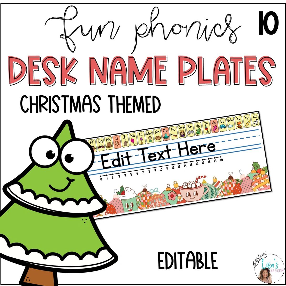 *EDITABLE* Student DESK Name tag Plates with FUN Phonics Alphabet Christmas