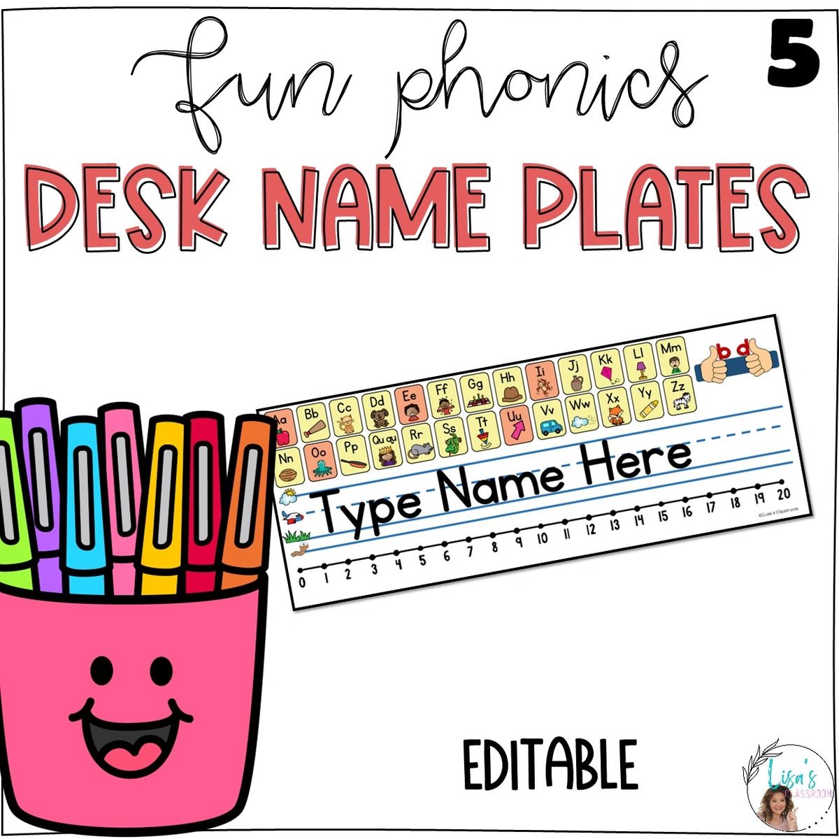 *EDITABLE* Student DESK | Name tag | Plates| with FUN Phonics Alphabet #5