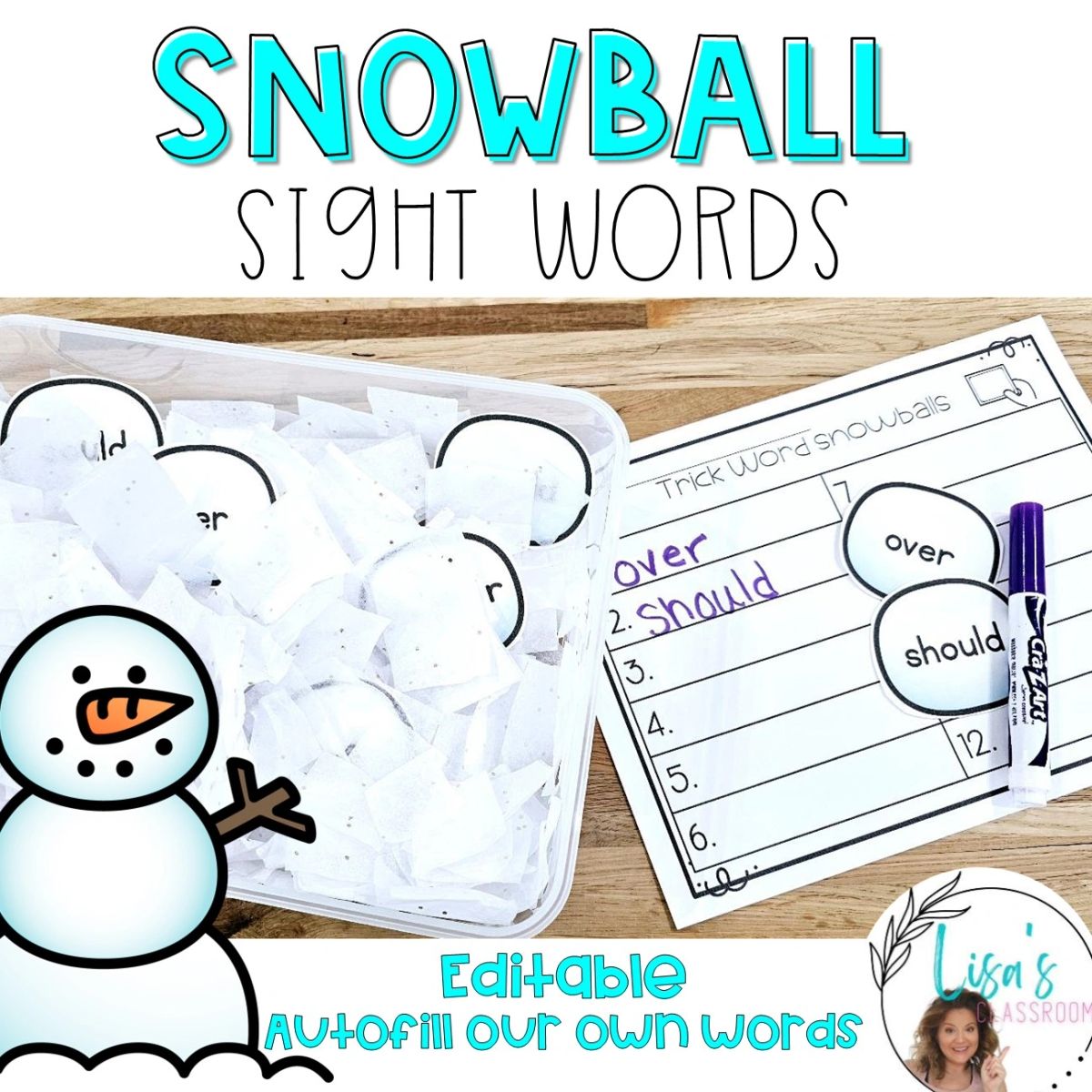 Sight Word Snowball Editable Center Activity | Sensory Winter-Themed ...