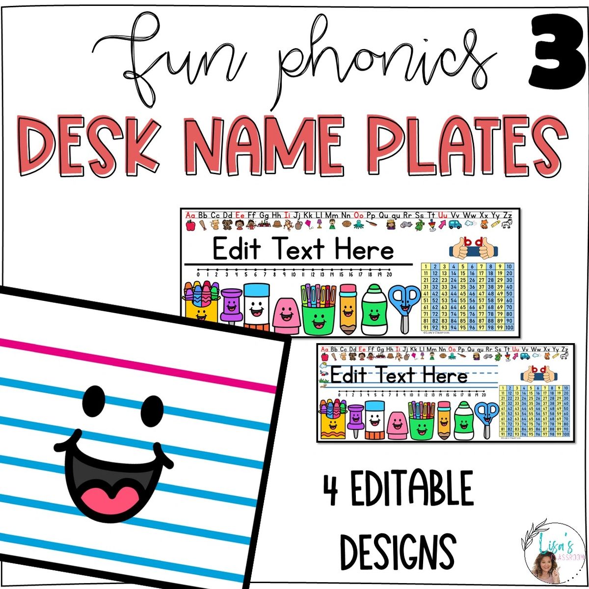 EDITABLE* Student DESK | Name tag | Plates| with FUN Phonics Alphabet #3