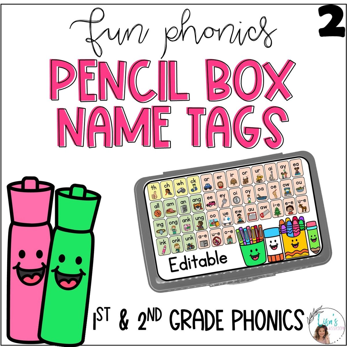 Pencil Box Name Tags EDITABLE Crayon Box Labels Fun Phonics 1st 2nd grade