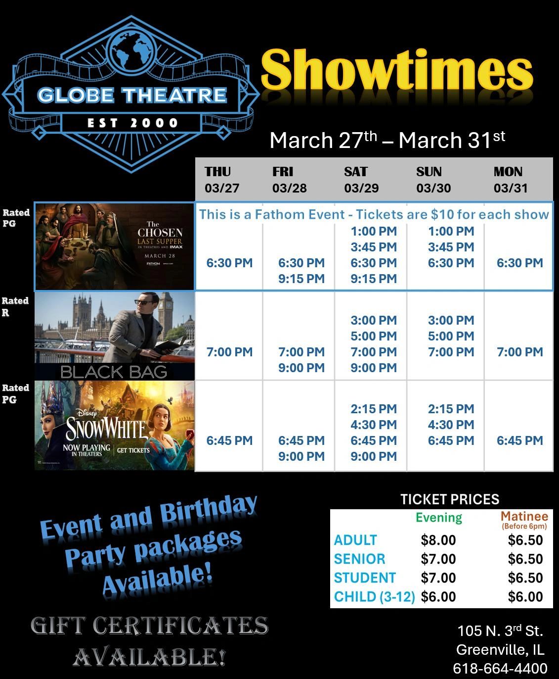 Showtimes 3/27-3/31
