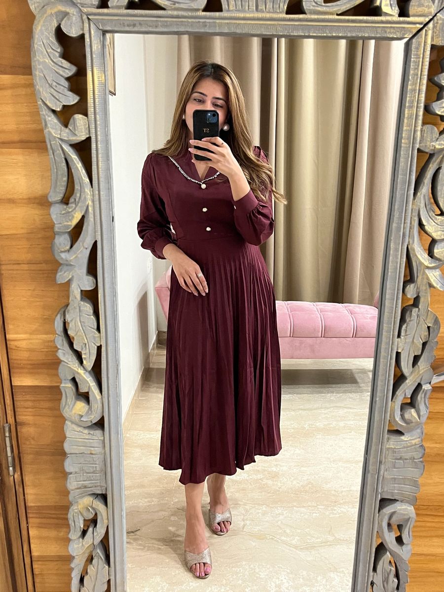 Emily peter pan collar pleated dress (Wine)