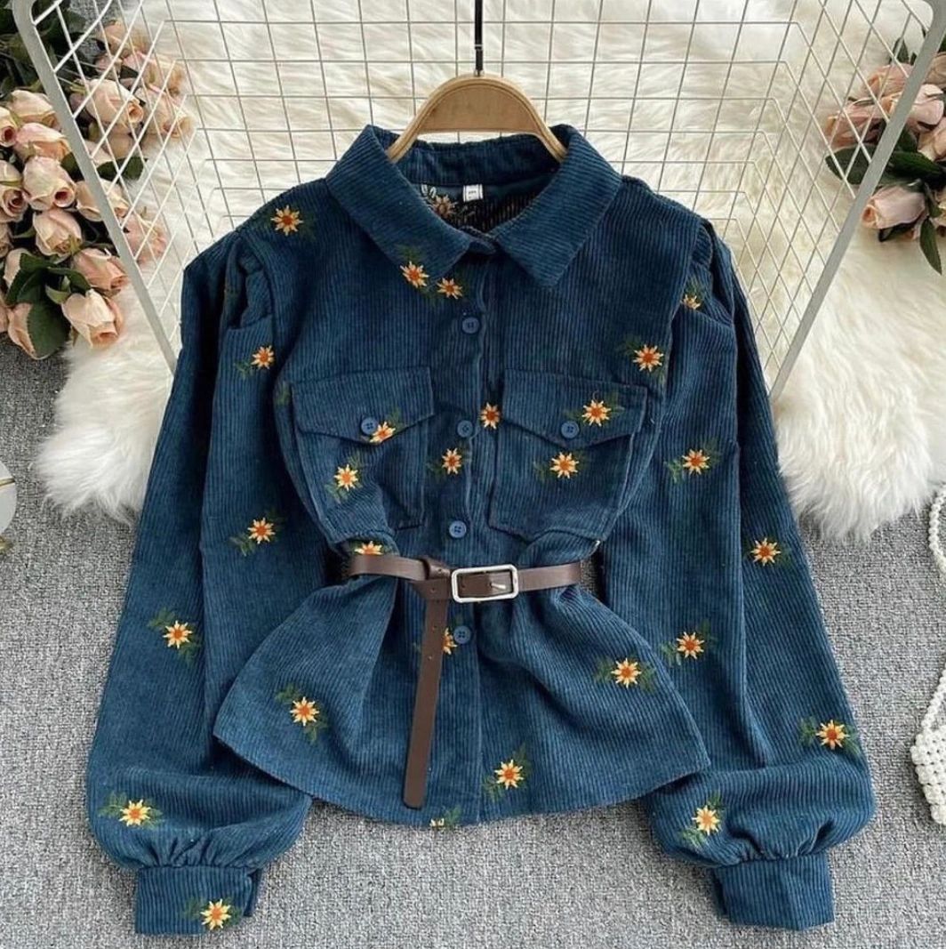 Alice embroidered corduroy belted shirt (blue)