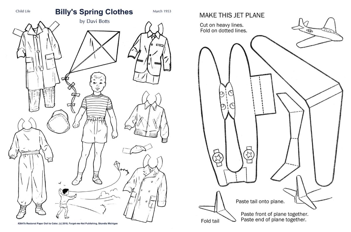 #2647 Billy and his Paper Jet Plane to make; 2 Paper Dolls to Color
